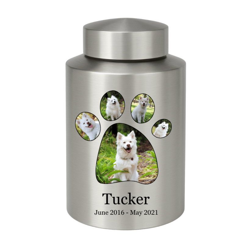 Cylinder Dog Urn with Photo in Paw Frame Design